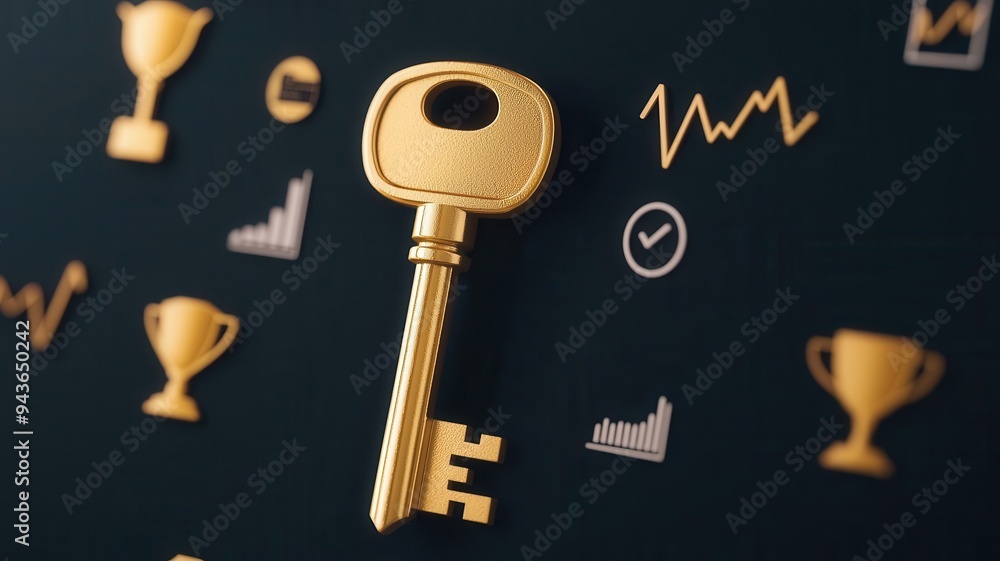 Golden key unlocking a vault of floating, shining icons representing ...