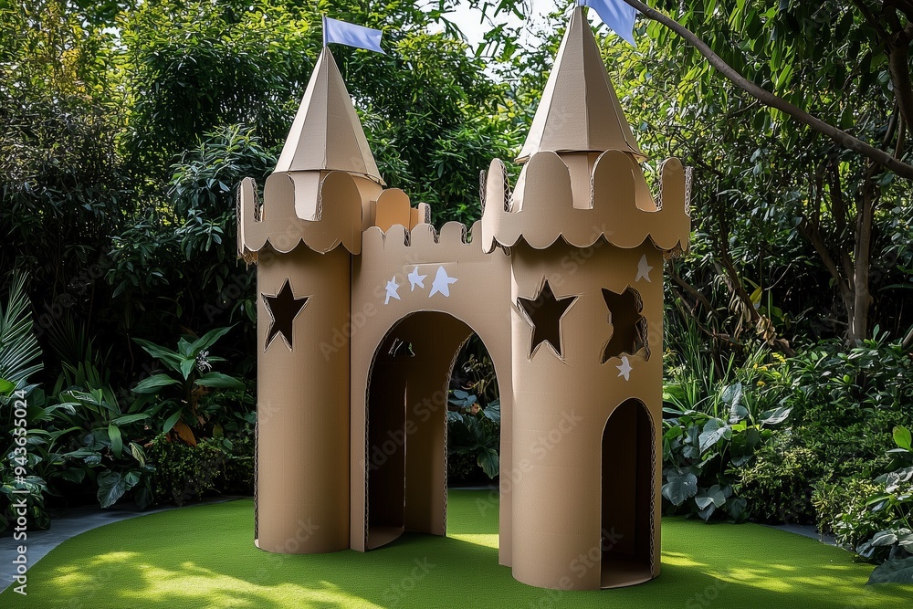 Foto de cardboard play castle set in an outdoor garden. The castle ...