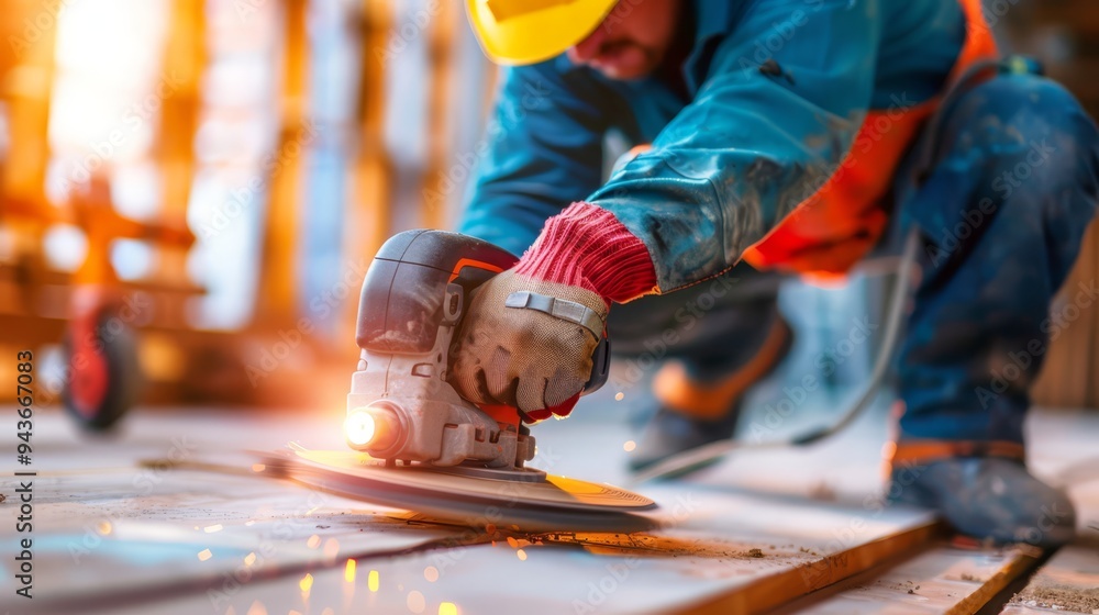 Construction worker using a power sander to smooth surfaces and prepare ...