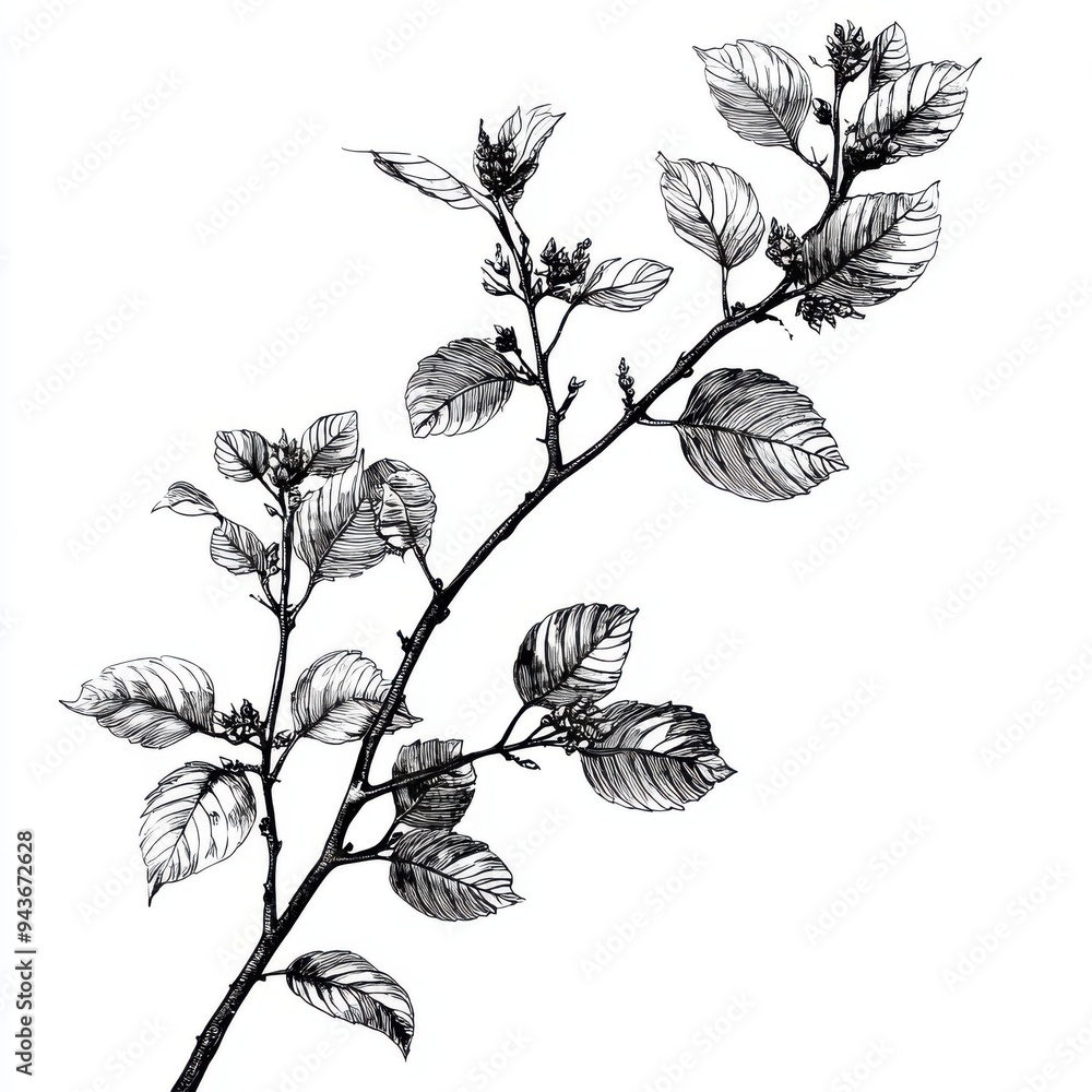 Black and white Vintage engraved art of an elm tree branch, isolated on ...