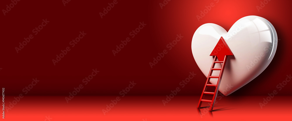 Symbol of a red arrow reaches a white heart by climbing a ladder on a ...