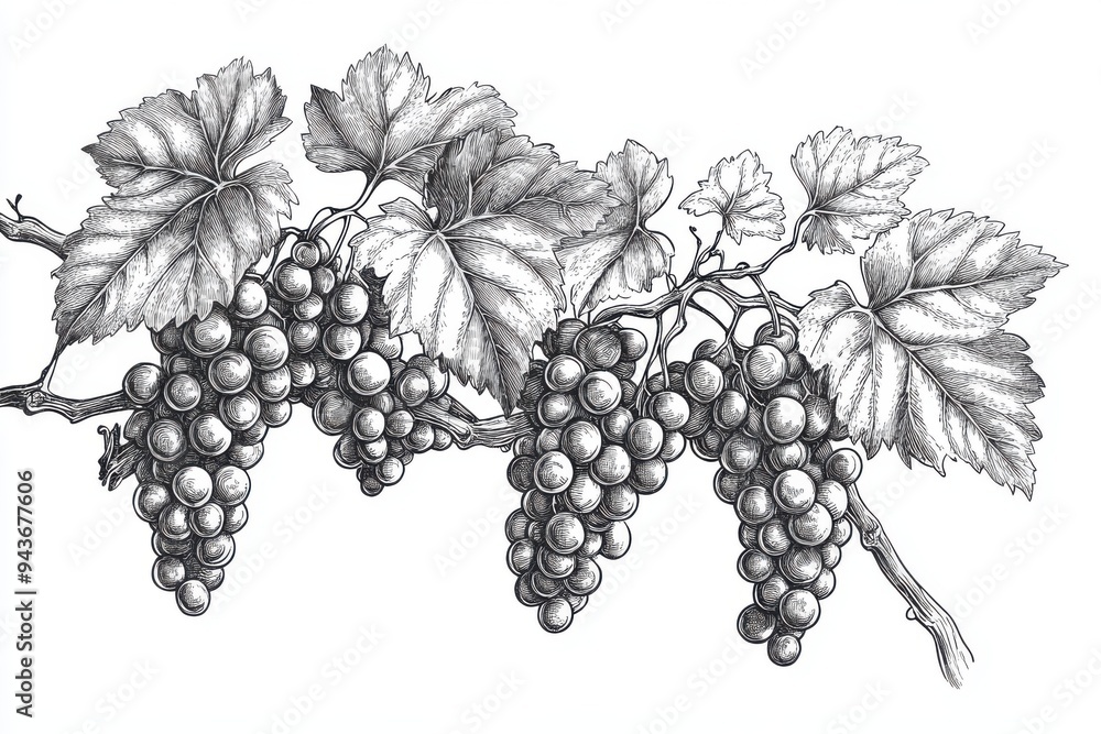 Black and white Vintage engraved art of grapevines, isolated on white ...