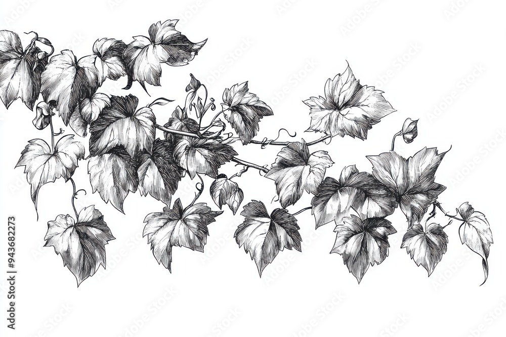 Black and white Vintage engraved art of Virginia creeper vines ...