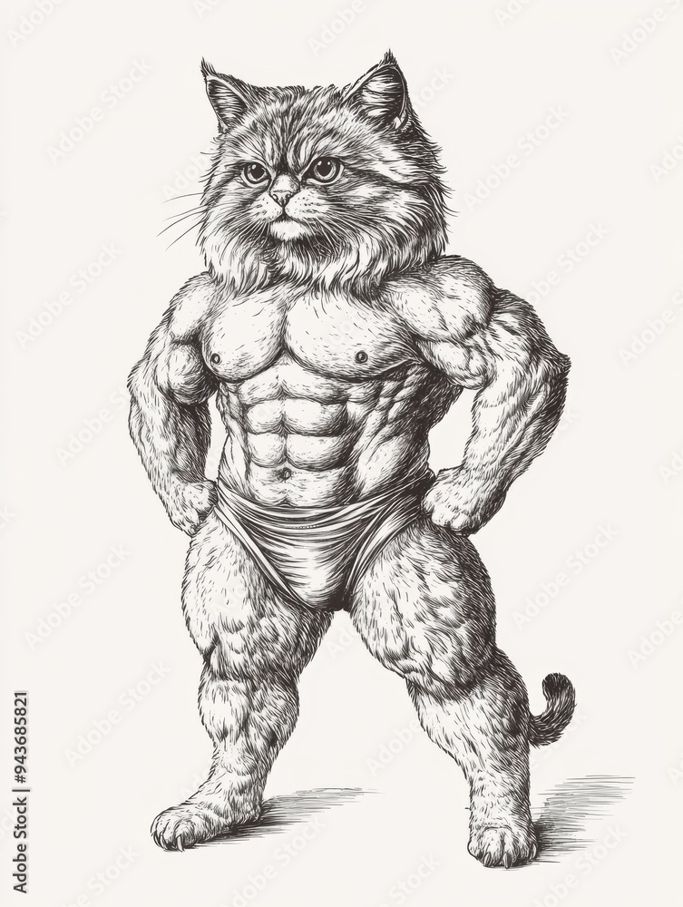 Black and white Vintage engraved art of a humanoid Himalayan cat with ... Black and white Vintage engraved art of a humanoid Himalayan cat with ...