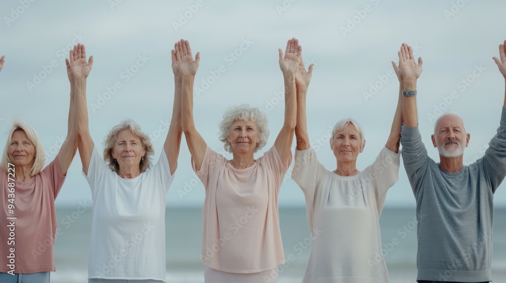 group of retired elder senior people doing morning yoga on a beach ...