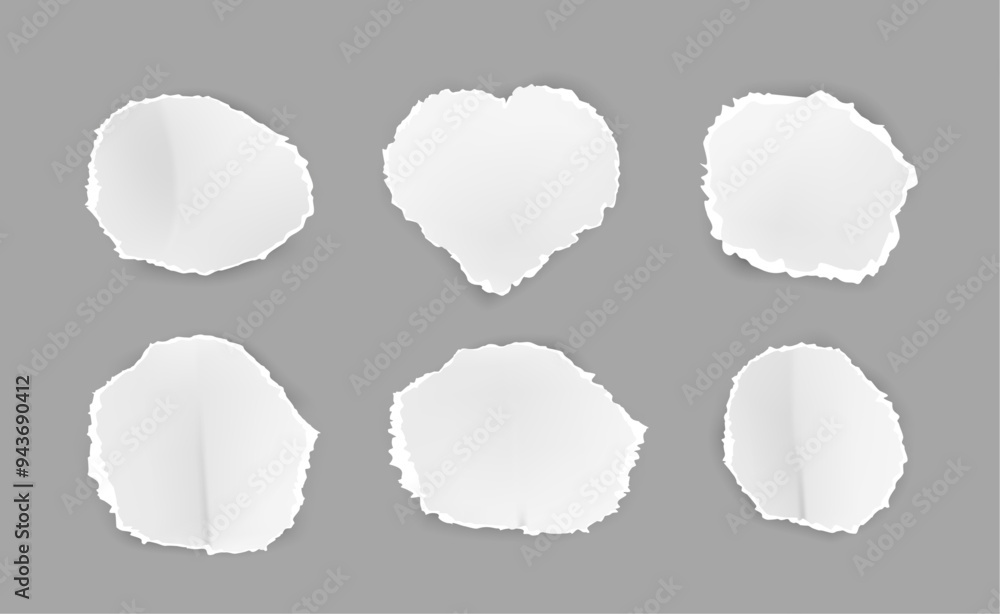 Ripped white paper sheets, isolated set of torn blank pages with uneven ...
