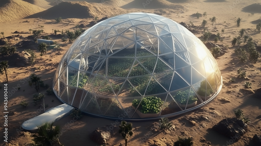 An exterior view of a massive glass dome in a barren desert, housing ...