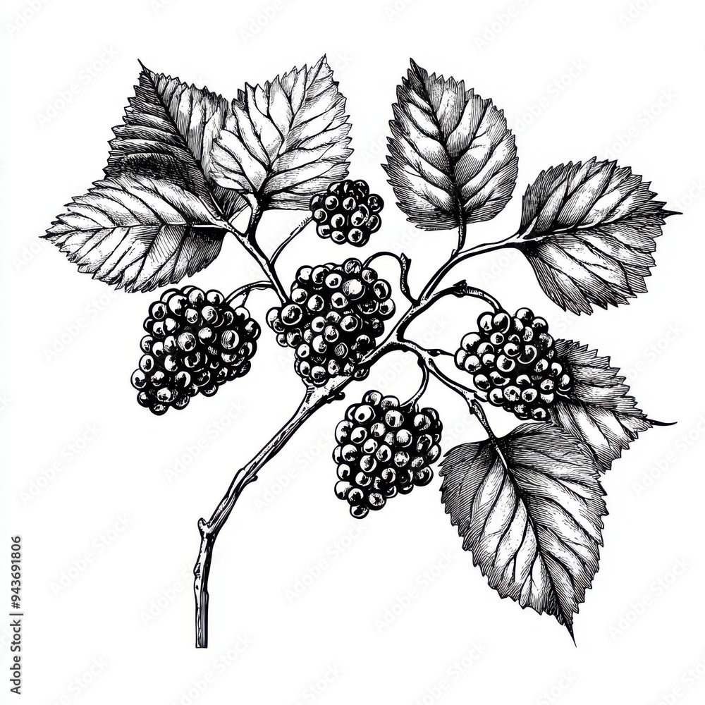 Black and white Vintage engraved art of a mulberry tree branch ...