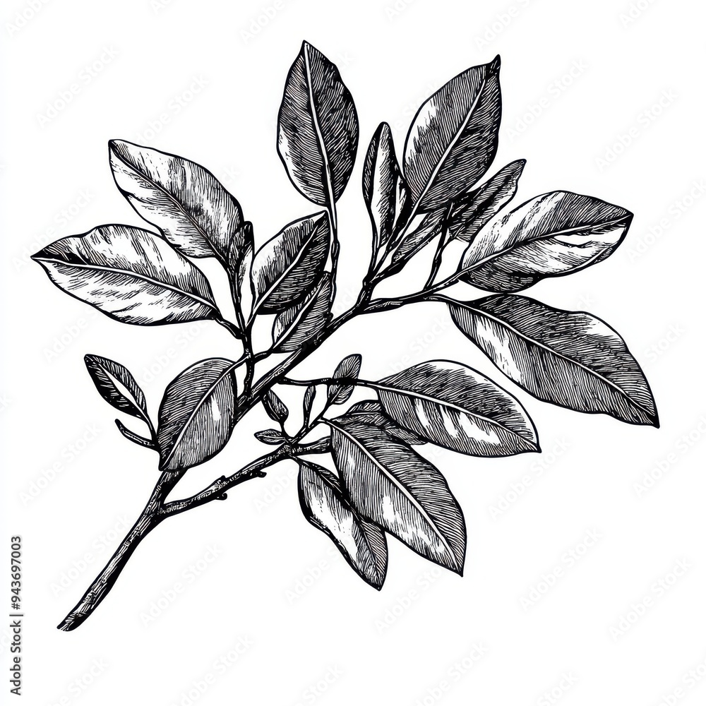 Black and white Vintage engraved art of a sassafras tree branch ...