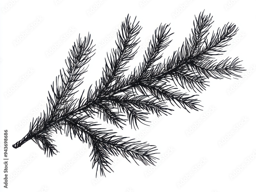 Black and white Vintage engraved art of a spruce tree branch, isolated ...