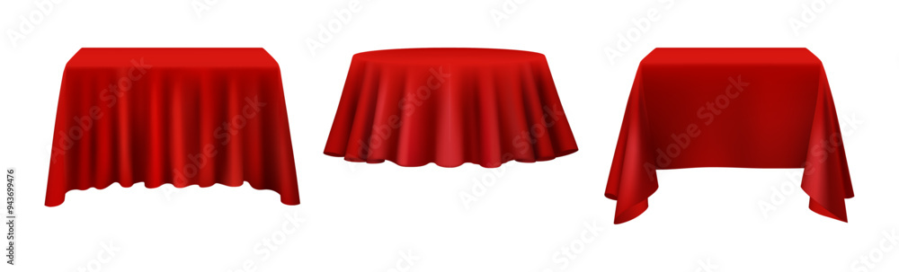 Curtain reveal realistic, surprise satin cover of red velvet on shape ...