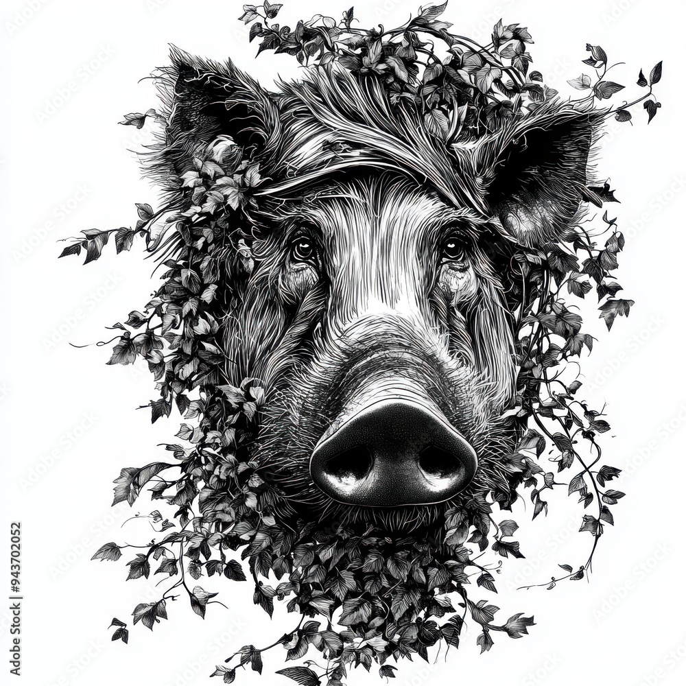 Black and white Vintage engraved art of a warthog partially obscured by ...
