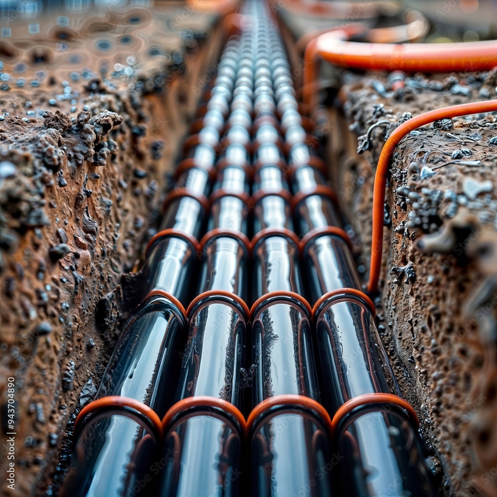 Underground Cable System. Multiple black cables with orange connectors ...