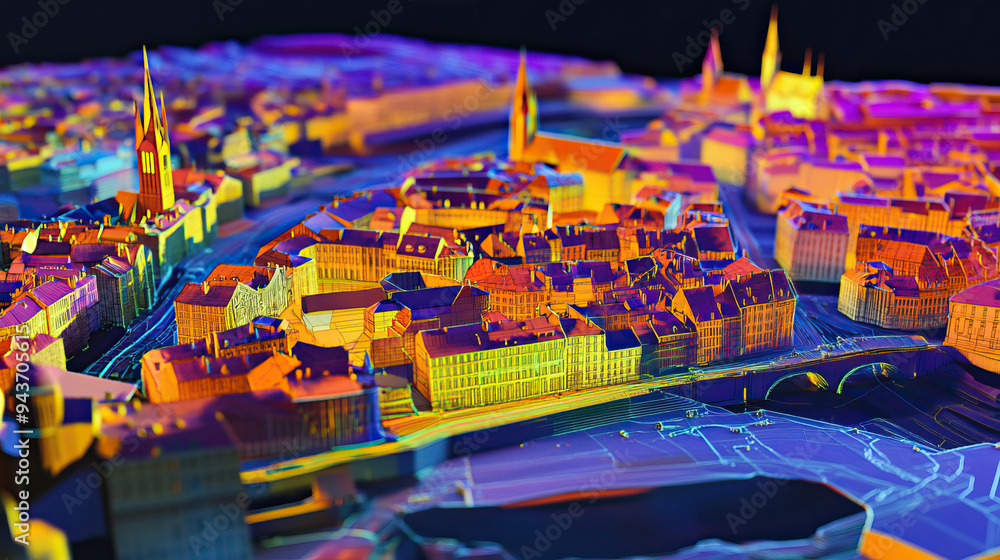 Technical aerial visual, 3D LiDAR GIS aerial map satellite scan model ...