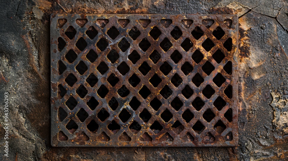 Flat lay of a rusted iron grate with visible corrosion and deep ...
