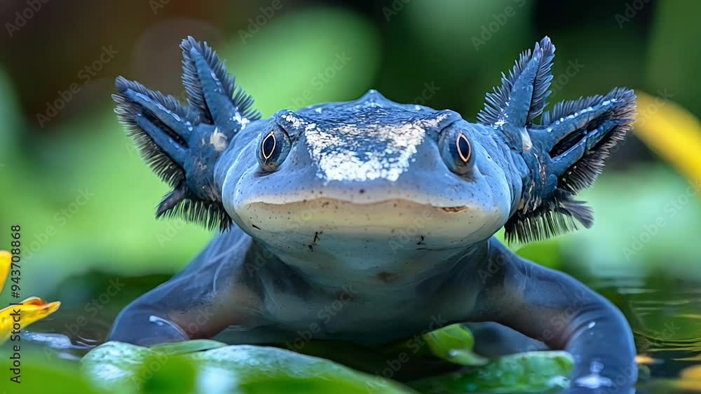 An axolotl glides gracefully through a peaceful pond filled with lily ...
