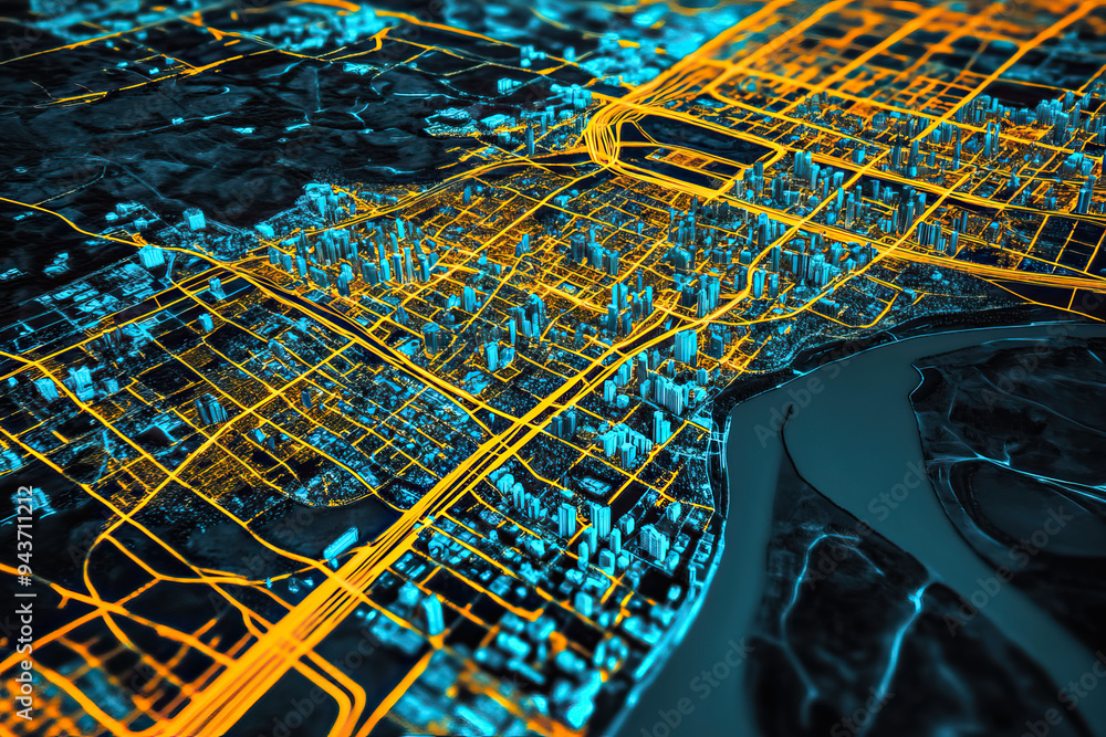 Technical aerial visual, 3D LiDAR GIS aerial map satellite scan model ...