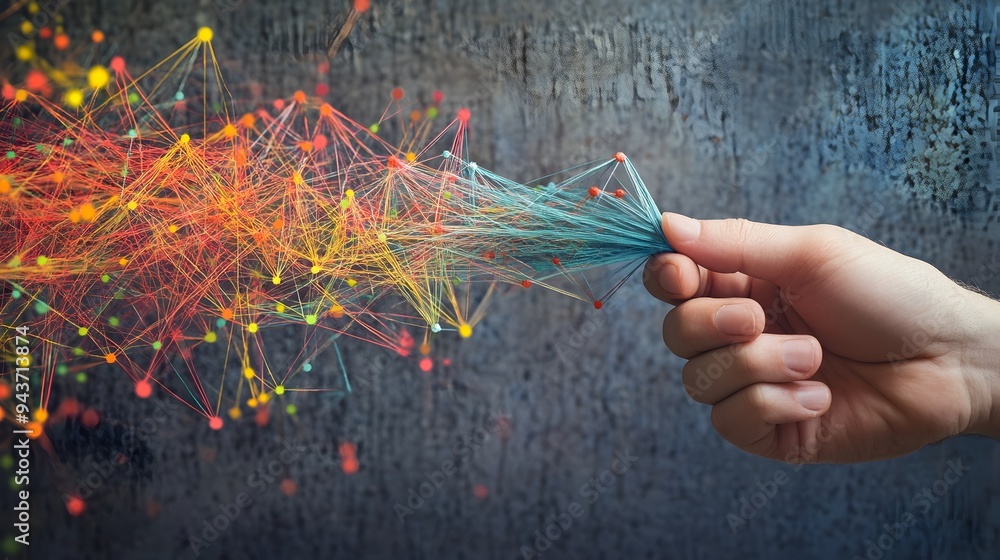 Hand pulling on a thread that unravels into a complex intricate pattern ...