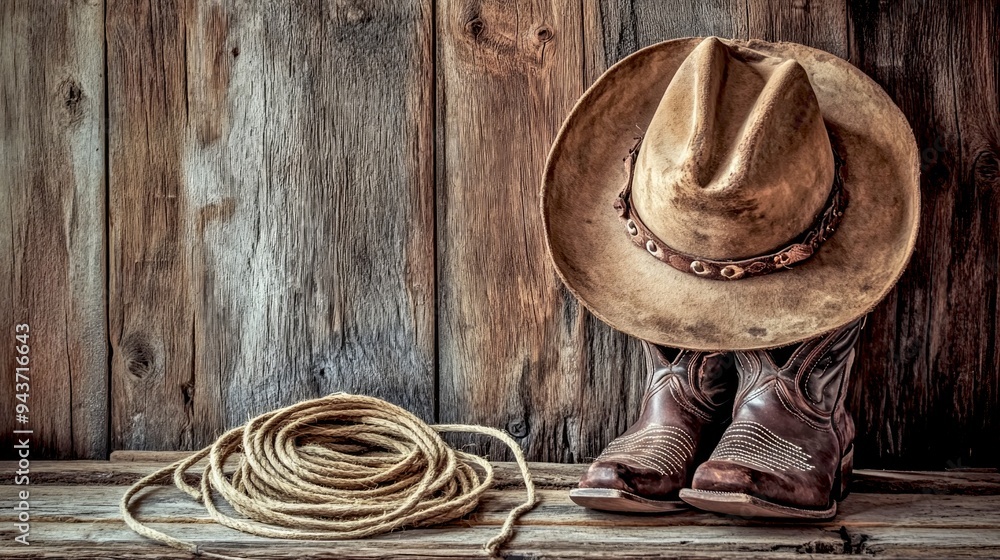 A rustic cowboy scene featuring a weathered hat, sturdy boots, and a ...