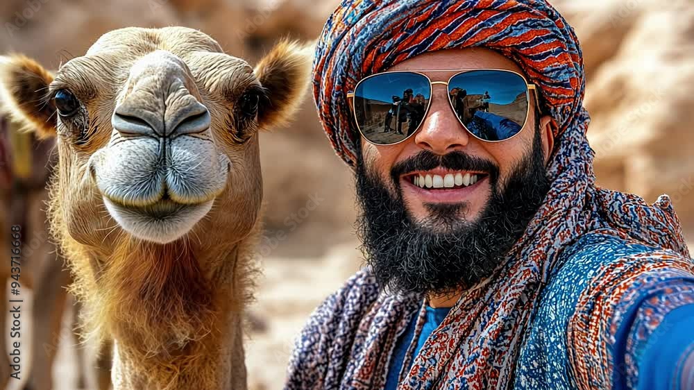 A man dressed in traditional clothing smiles alongside a camel in a ...