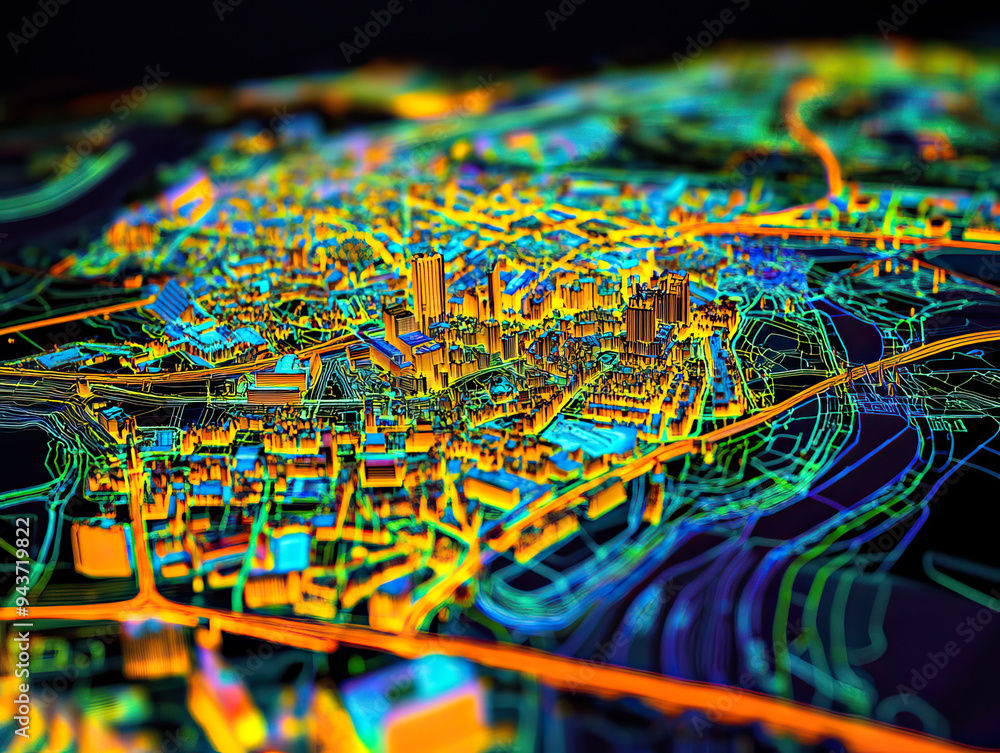 Technical aerial visual, 3D LiDAR GIS aerial map satellite scan model ...