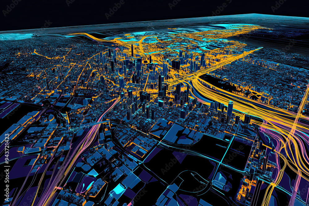 Technical aerial visual, 3D LiDAR GIS aerial map satellite scan model ...