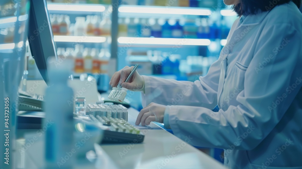 A pharmacist in a white coat is organizing and counting medication ...