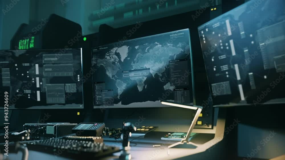 Military radar software scanning the world map for target position ...