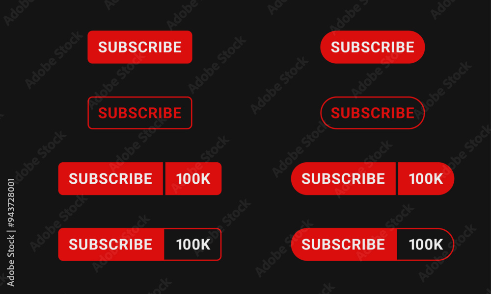 Set of red subscribe buttons. 4 of them with follower count/information ...