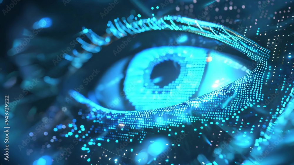 Digital human eye in cyberspace representing security, observation ...