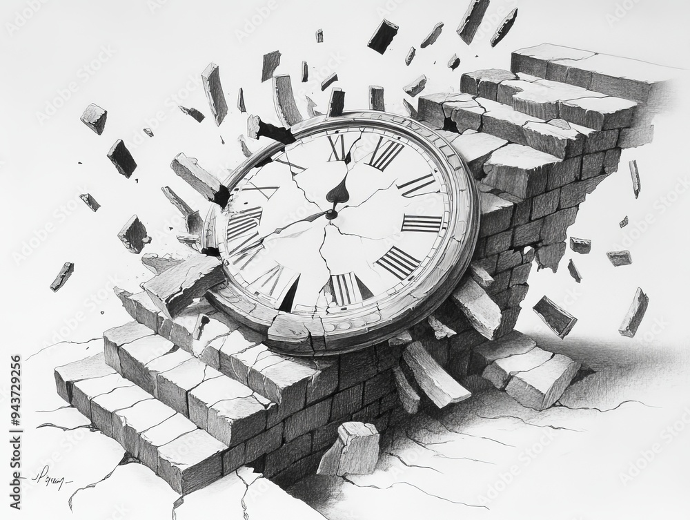 Monochrome pencil artwork of time a broken clock with ascending steps ...