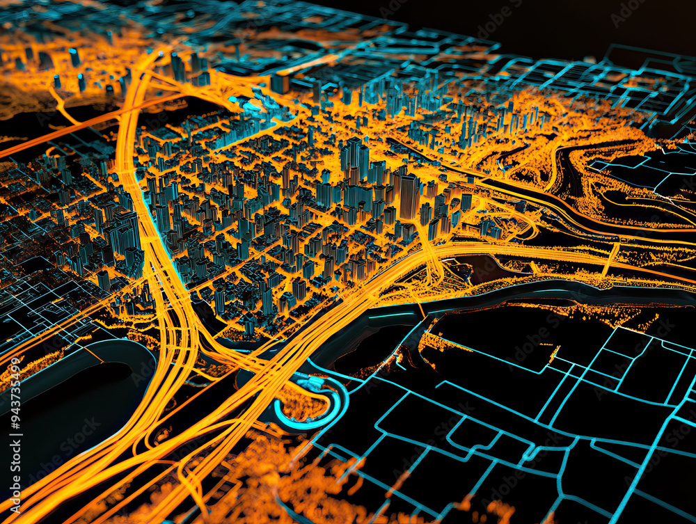 Technical aerial visual, 3D LiDAR GIS aerial map satellite scan model ...