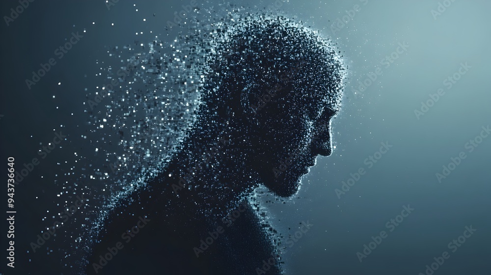 Abstract digital of a human figure dissolving into pixels representing ...