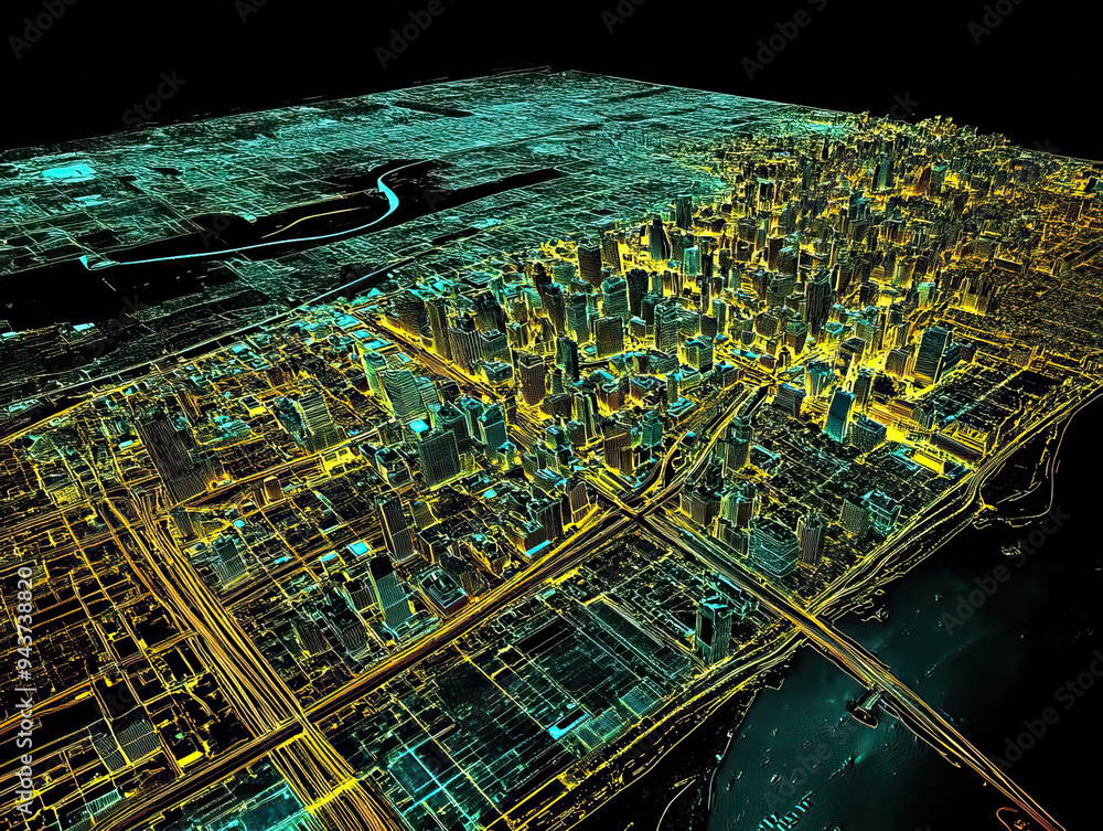 Technical aerial visual, 3D LiDAR GIS aerial map satellite scan model ...