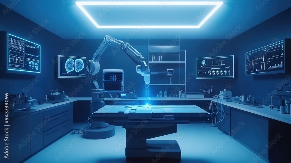 High-tech surgical room with robotic arm and advanced monitoring ...