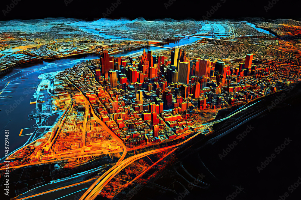 Technical aerial visual, 3D LiDAR GIS aerial map satellite scan model ...