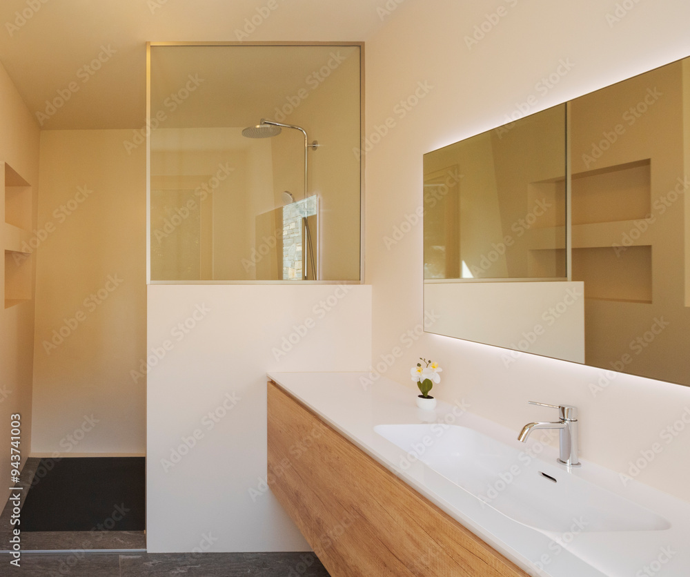 Front view of a modern bathroom with a wooden cabinet with a sink and a ...
