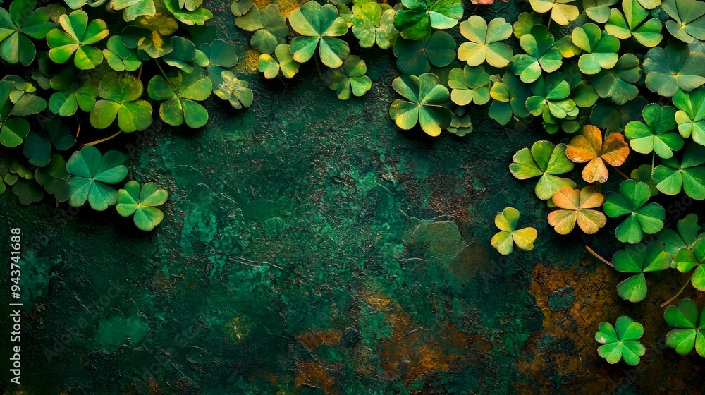 Vibrant green clovers create a lush backdrop. The rich textures and ...