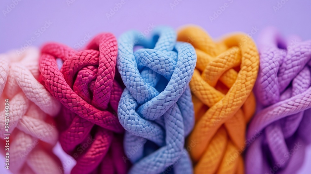 Colorful braided ropes create a stunning visual display. Each rope is ...