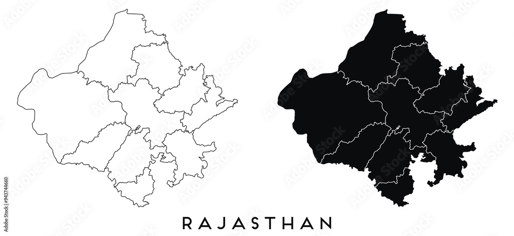 Rajasthan map of regions districts vector black on white and outline ...