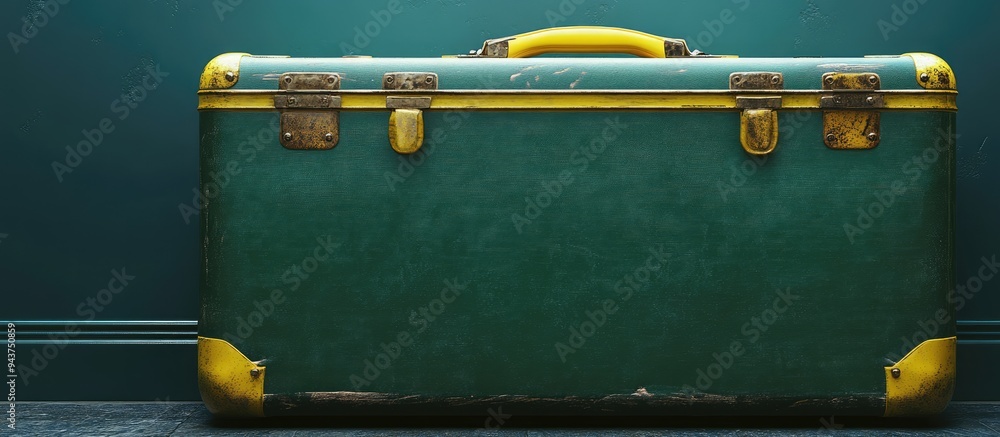 Damaged green suitcase featuring yellow handles and a large dent on the ...