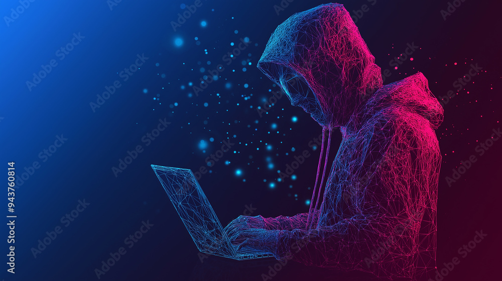 Hacker with laptop. Low poly wireframe on technology background ...