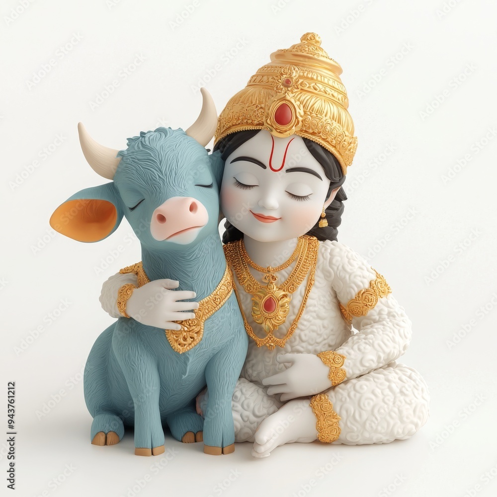 Cute baby Krishna cuddling a baby cow, 3D art, white background, Hindu ...