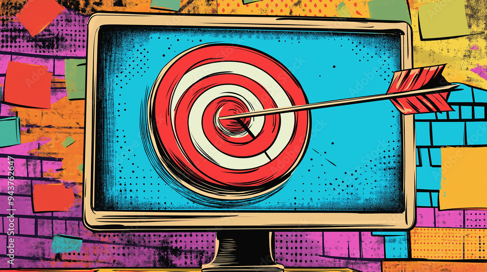 Business concept. Pop art arrow on target board on computer monitor ...