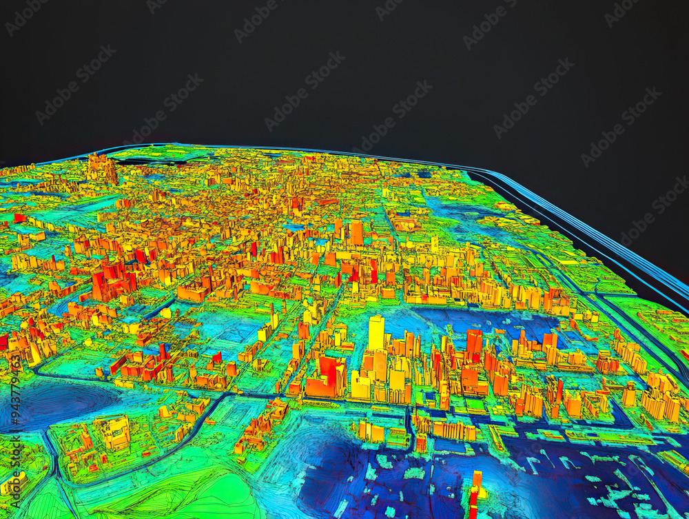 Technical aerial visual, 3D LiDAR GIS aerial map satellite scan model ...