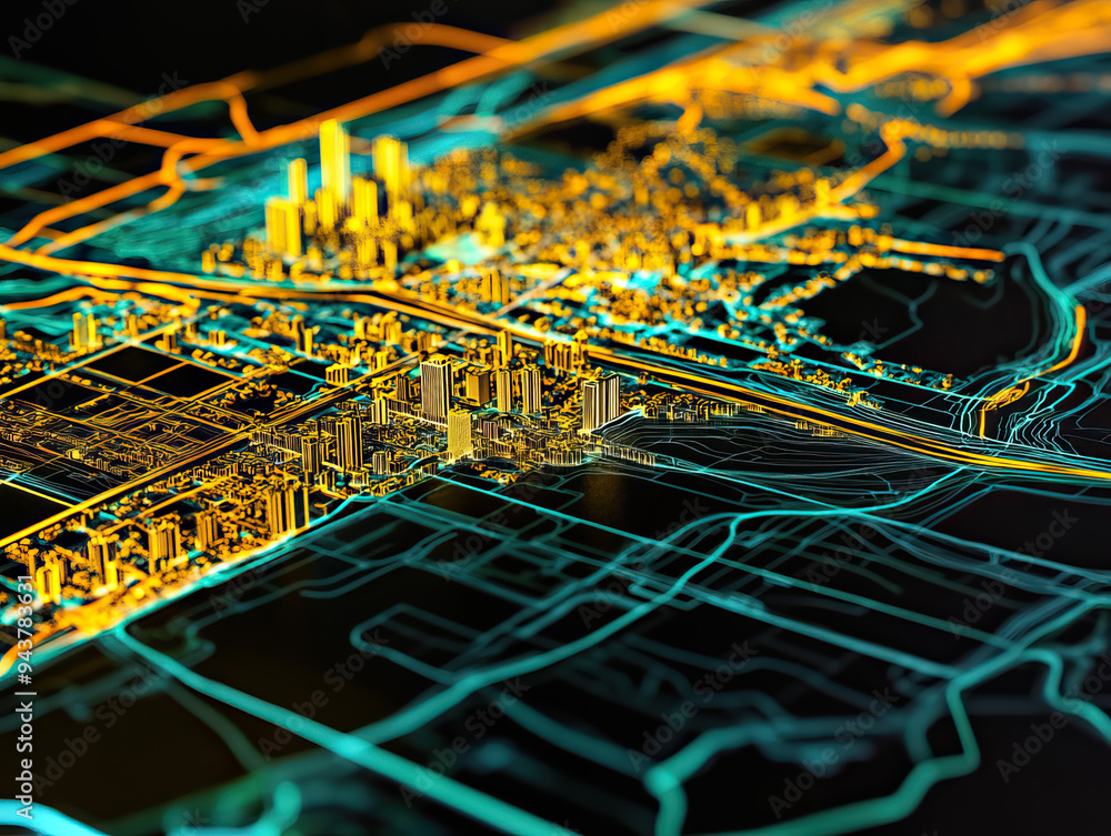 Technical aerial visual, 3D LiDAR GIS aerial map satellite scan model ...