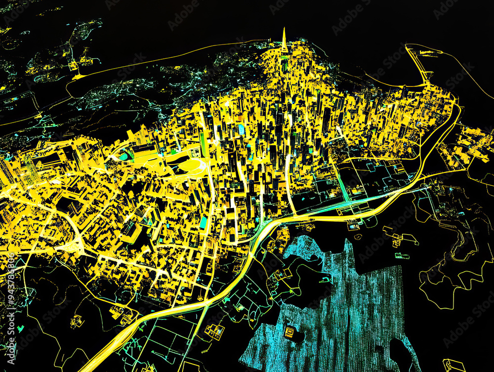 ภาพประกอบสต็อก Technical aerial visual, 3D LiDAR GIS aerial map ...