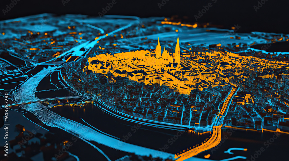 Technical aerial visual, 3D LiDAR GIS aerial map satellite scan model ...