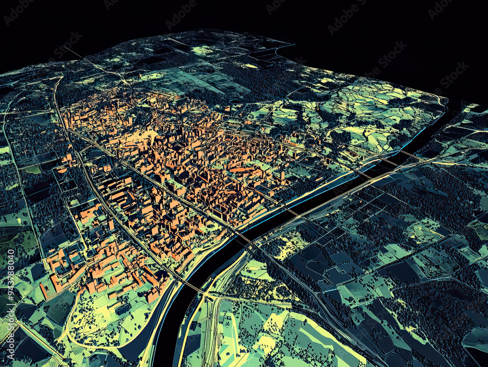 Technical aerial visual, 3D LiDAR GIS aerial map satellite scan model ...