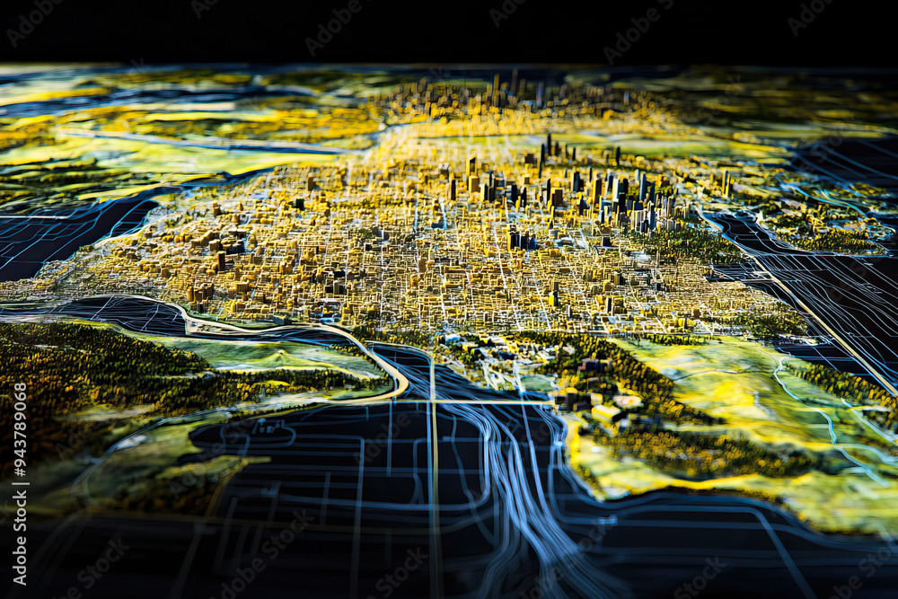 Technical aerial visual, 3D LiDAR GIS aerial map satellite scan model ...